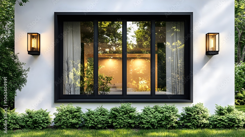 Modern black window frame on white exterior wall with triple-pane ...