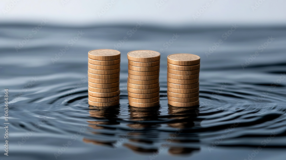 Three stacks of coins rest on water's surface, creating ripples ...