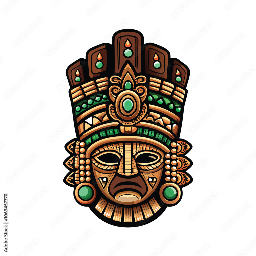 Illustrate an Aztec god's mask adorned with elaborate feathers, gems ...