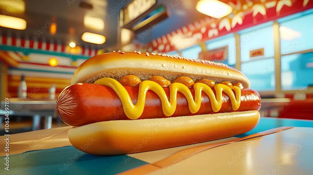 Cartoonish Giant Hot Dog in Retro 50s Diner Setting Conveying Nostalgic ...
