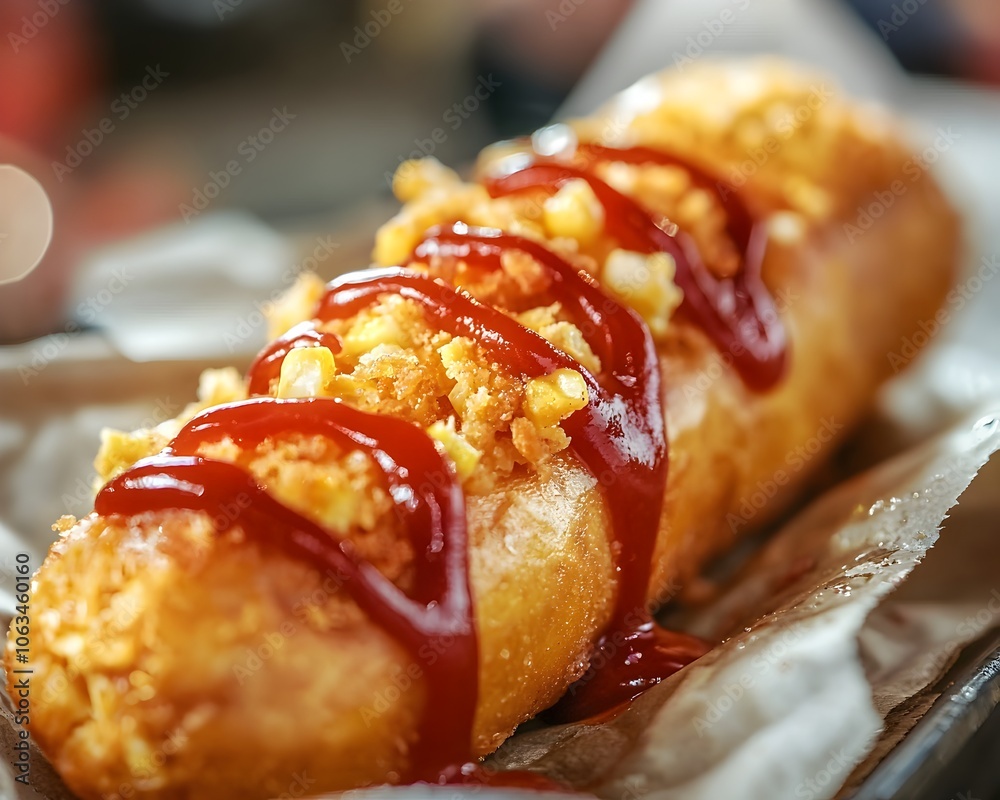 Sizzling Deep Fried Corn Dog with Crispy Batter and Ketchup Drizzle at ...