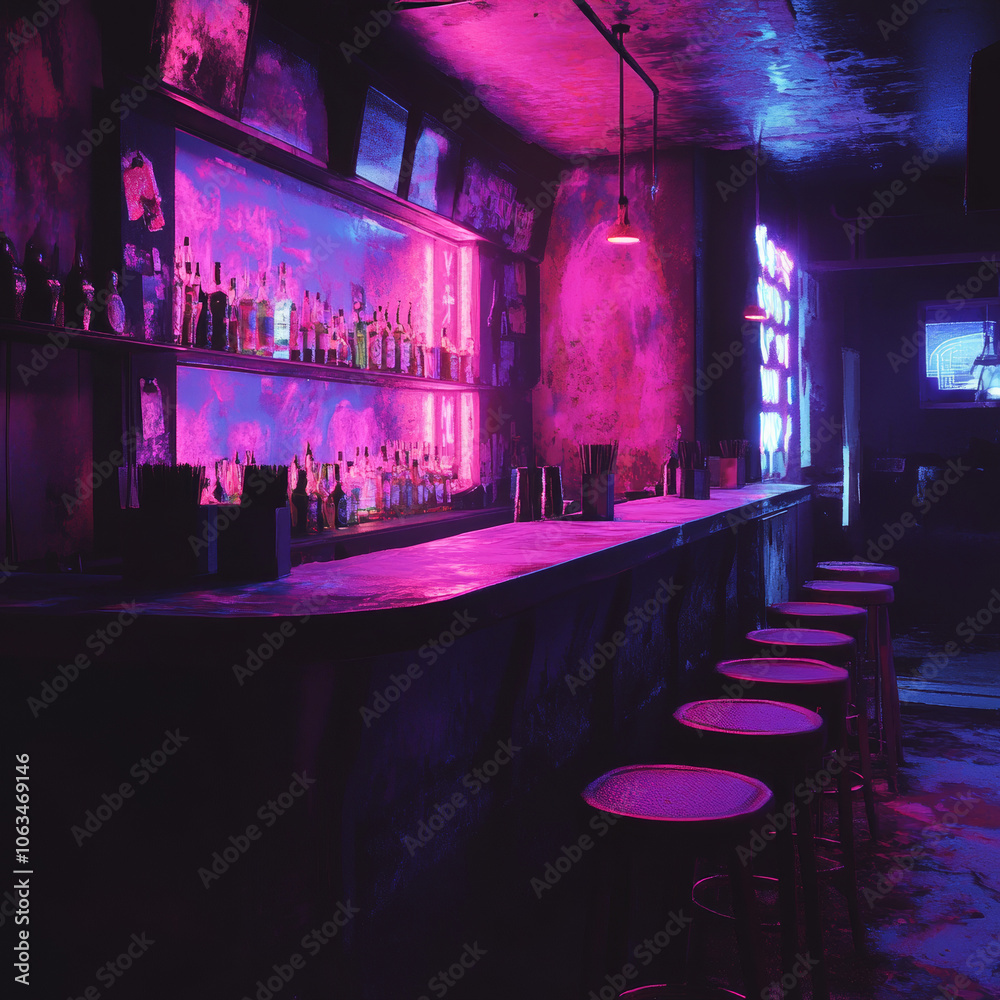 Step into a neon cyberpunk bar where digital decay meets glitchy ...