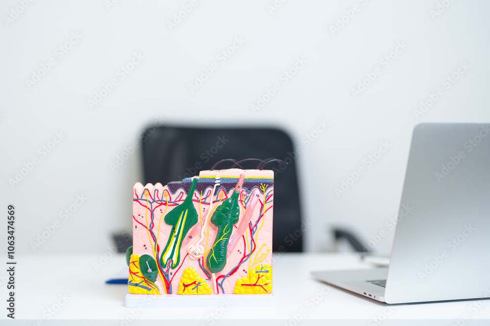 anatomy model of human skin with hair. Doctor show structure of Skin ...