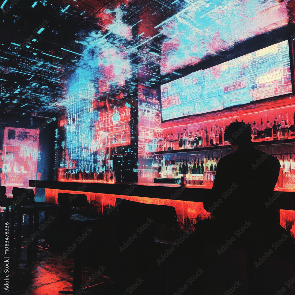 Step into a neon cyberpunk bar where digital decay meets glitchy ...