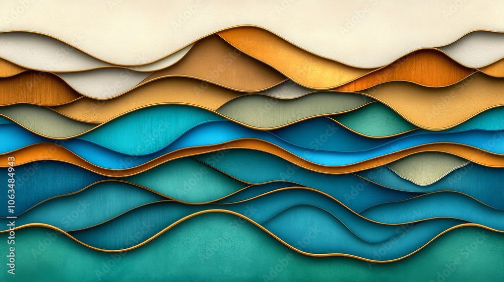 Abstract Wavy Pattern with Golden Lines Blue Teal Orange and Beige ...
