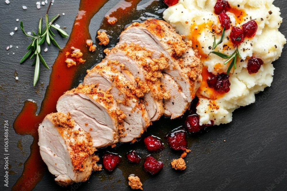 Thanksgiving Meal: Sliced turkey roast with gravy sauce. Served on a ...