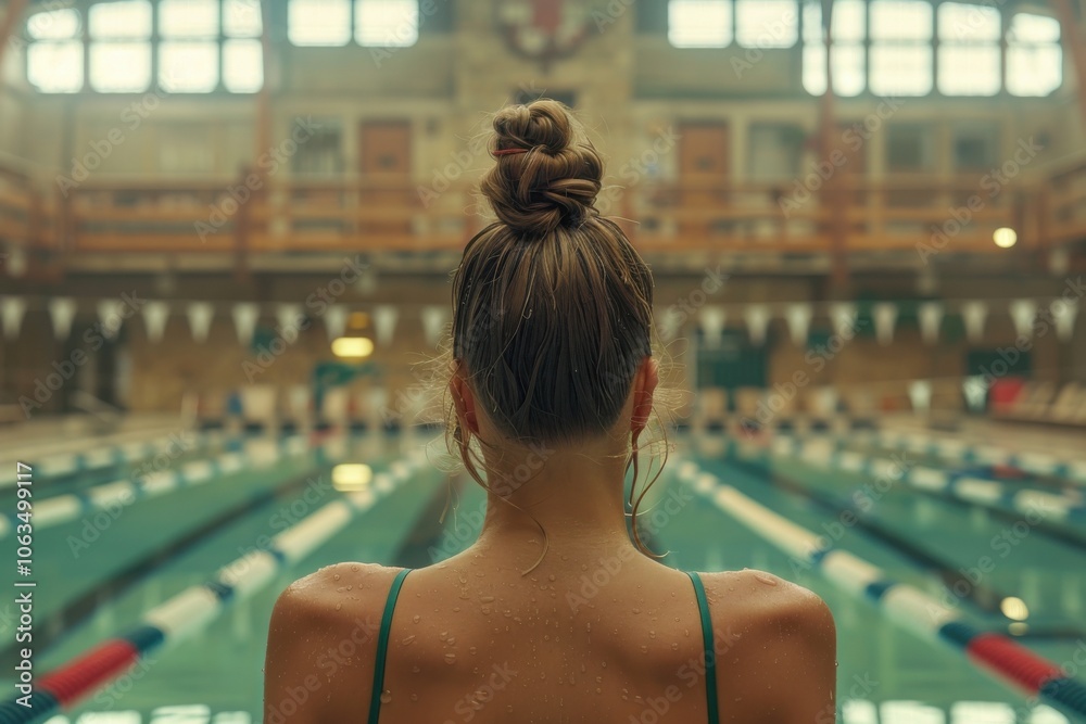 A female swimmer prepares to start a swim at an indoor pool, with water ...