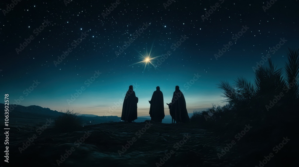 portrayal of the three wise men following the star to find the newborn ...
