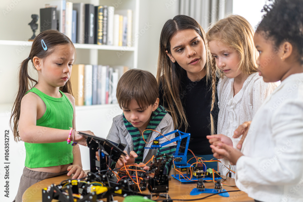 Portrait happy teacher help school children student having fun activity ...