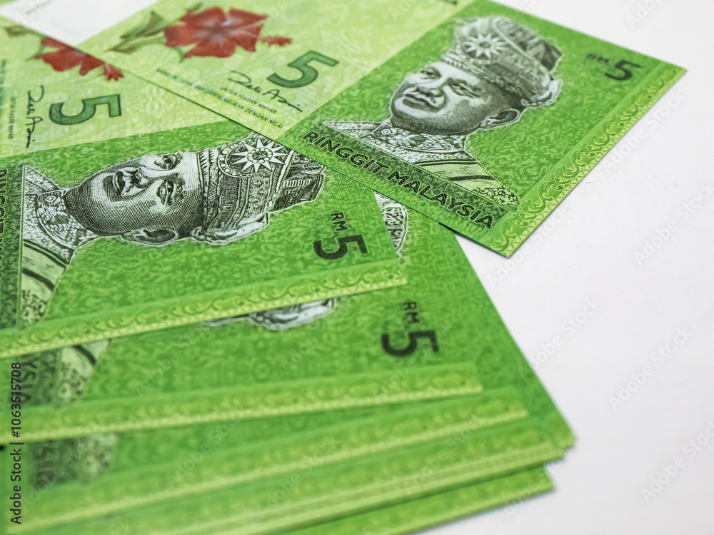 Replica five Malaysian ringgit isolated white Stock Photo | Adobe Stock