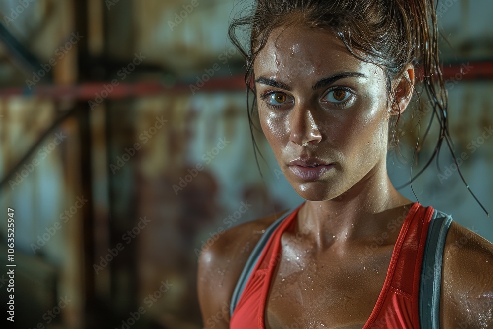 A woman, sweating and with intense focus, takes a break after a ...