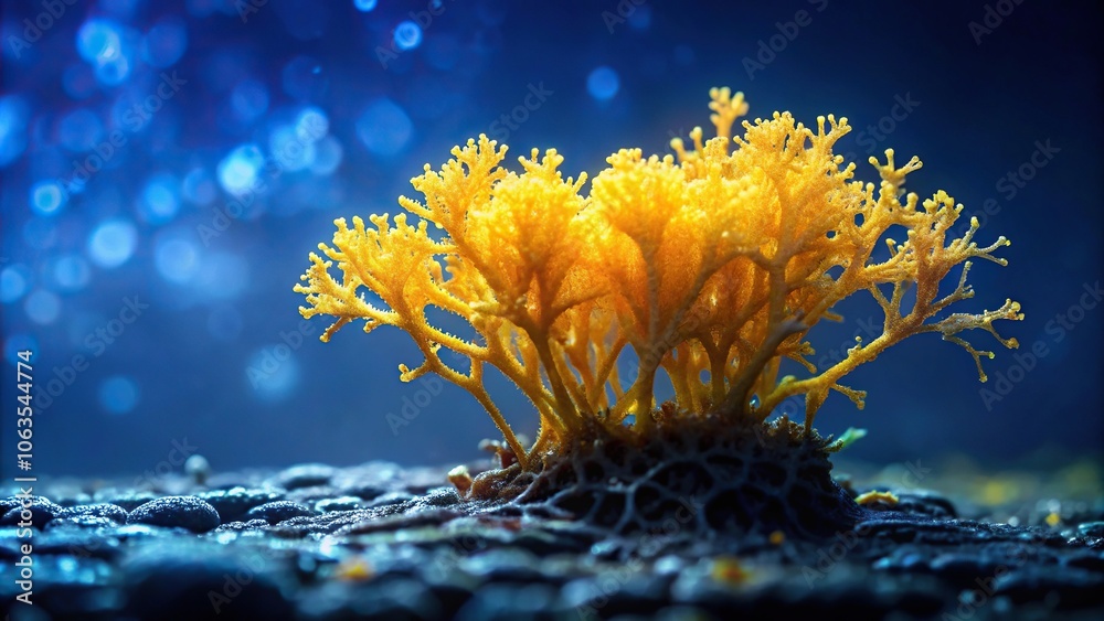 Slime mold growing on a dark blue background, slime mold, microscopic ...