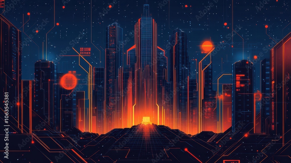 Cyber Castle Rising from Digital Bedrock: Vibrant Vector Illustration ...