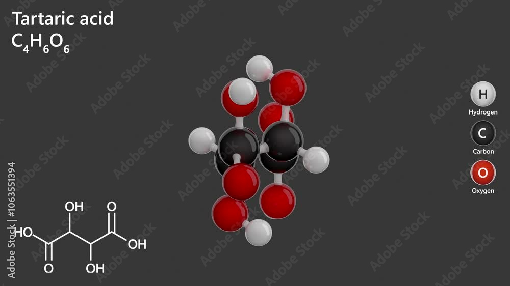 Tartaric Acid. Naturally occurring organic acid. Animated 3D model of a ...