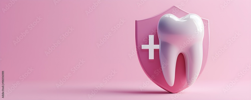 3D tooth next to shield with cross symbol, blue gradient background ...