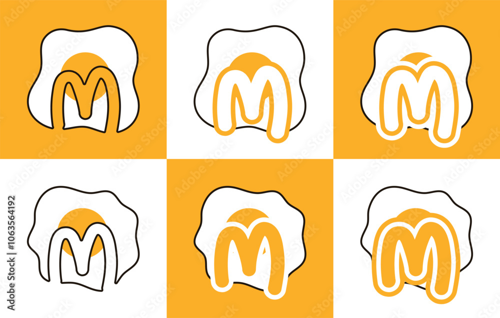 Letter M fried egg, sunny side up egg, omelette. This logo combines ...