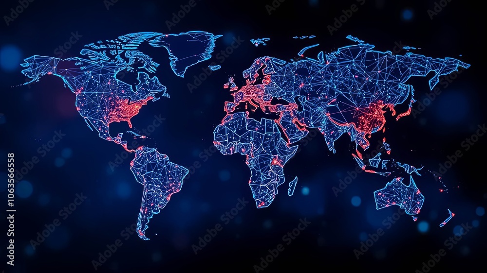 A network of glowing lines connecting points of light on a world map ...