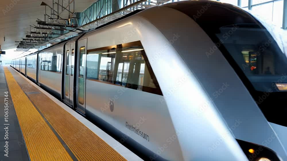 Capture the modern elegance of a sleek train at a spacious station ...