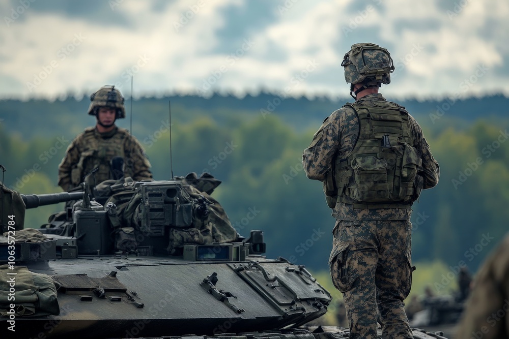Two military soldiers in uniform stand guard next to a camouflaged ...