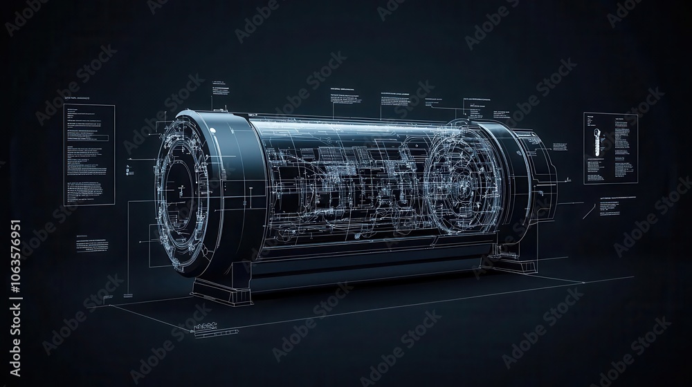 Digital blueprint of an Xray machine, inner mechanism exposed ...