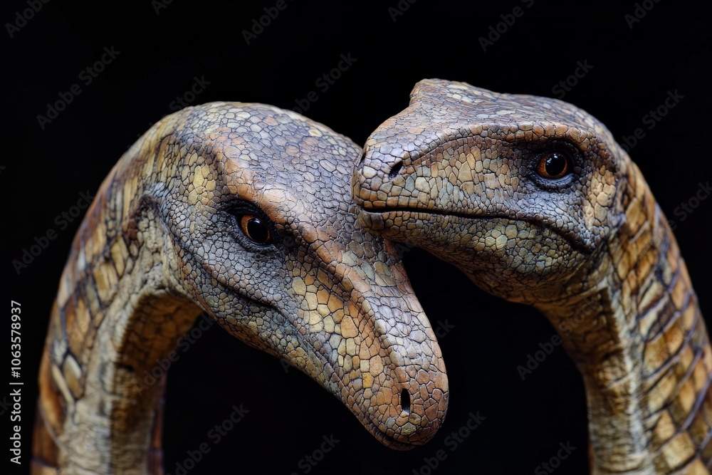This image portrays two dinosaurs facing each other intimately ...