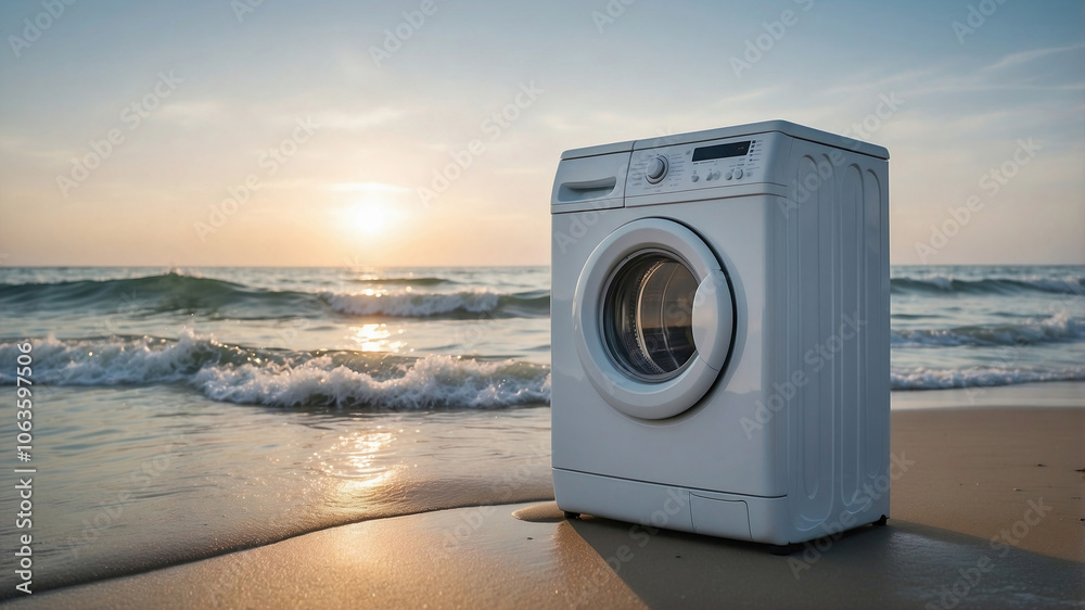 Washing machine on the ocean shore presentation of laundry detergents ...