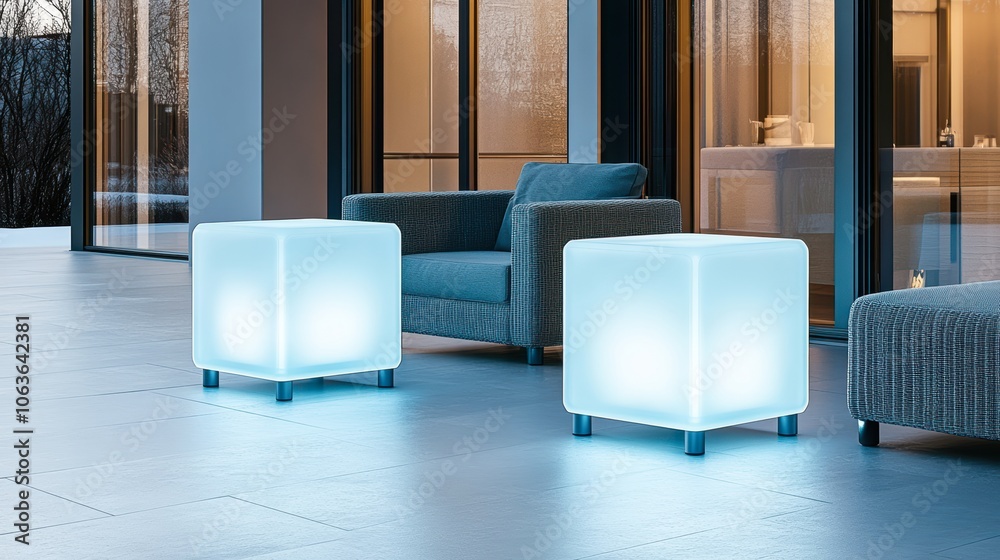 Stylish illuminated cubes serve as modern side tables in a contemporary ...