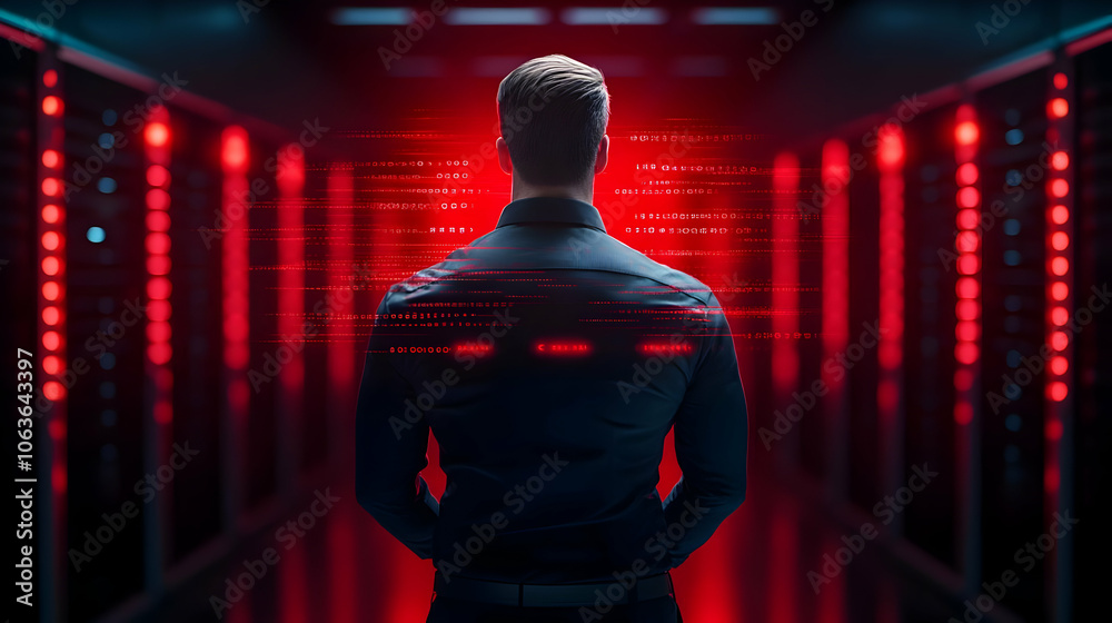 Silhouette of a person in a server room illuminated by red lights ...