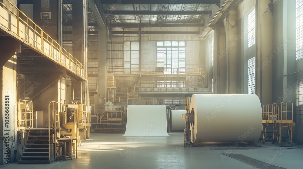 Large rolls of paper being produced in a paper mill, paper production ...