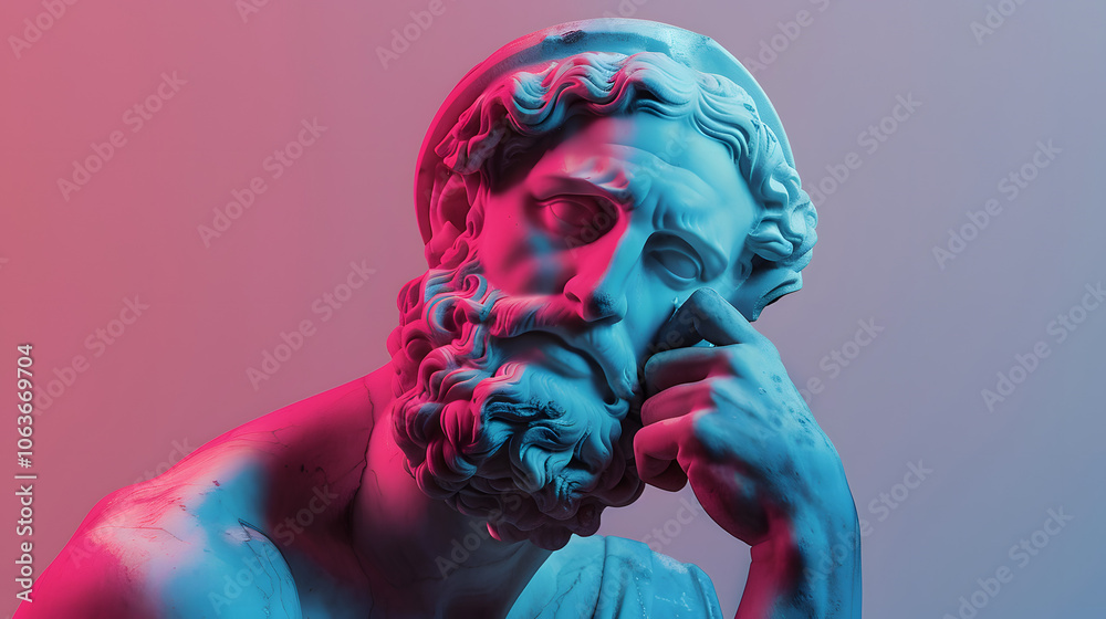 Old stoic Greek statue in Pink and Blue neon lights, concept for ...