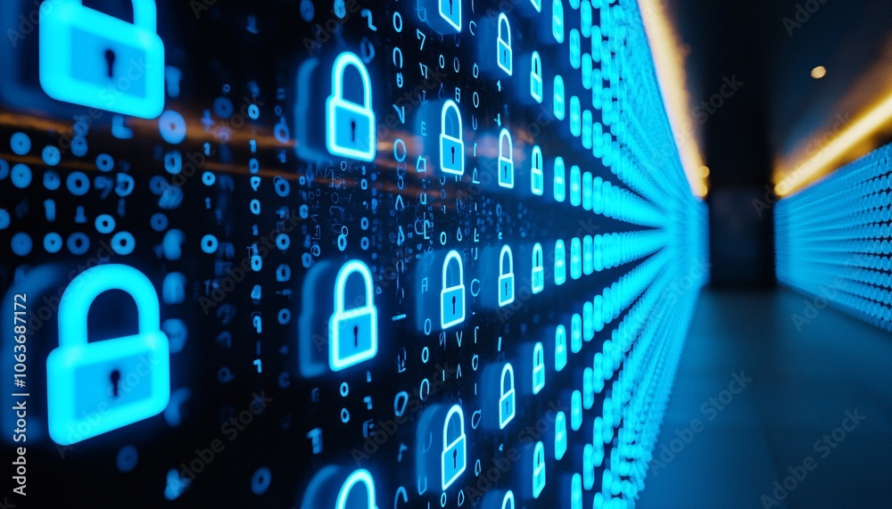 Abstract digital background featuring glowing blue locks and binary code, symbolizing security ...