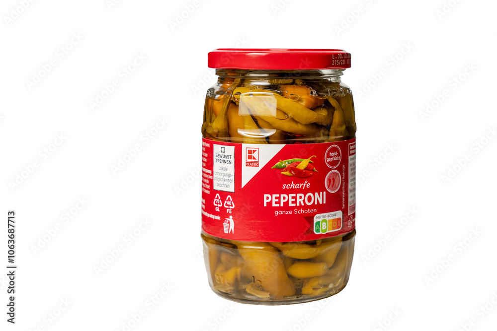Germany Berlin November 4, 2024. A jar of peppers sits on a white ...