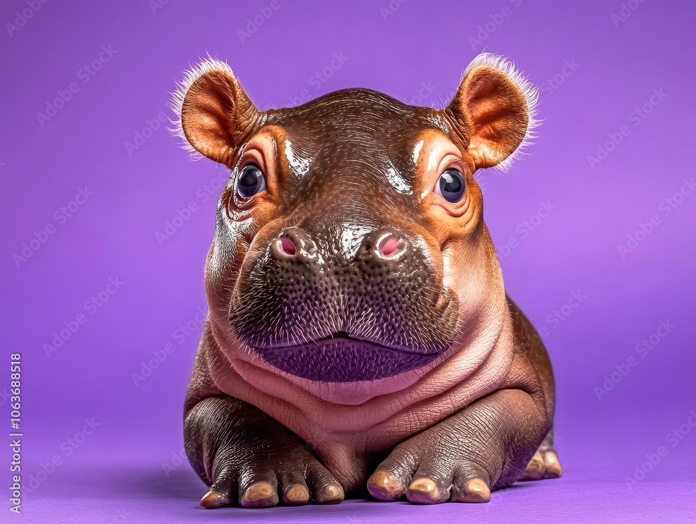 Cute baby hippo with a funny shocked face, ears perked up and wide eyes ...