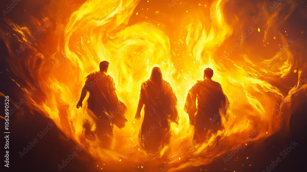 The three hebrews, shadrach, meshach and abednego thrown in a fiery ...
