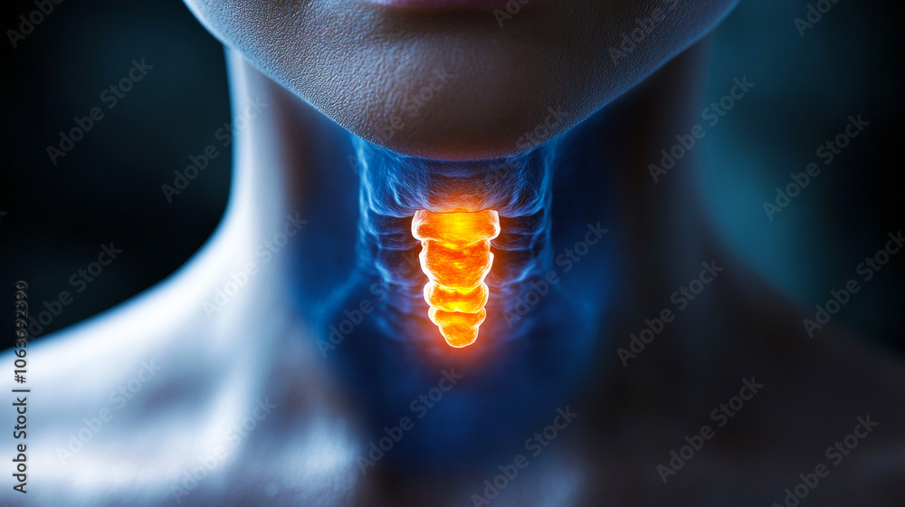 A person's neck is shown in blue and orange. The blue represents the ...
