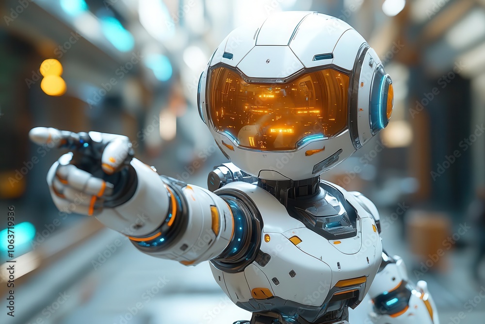 positive and friendly robot character pointing towards an infinite ...