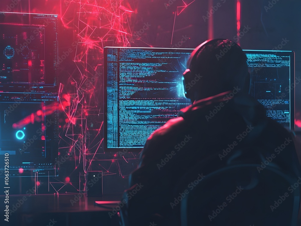 Hacker in Dark Room with Intercepting Security Icon for Fraud Detection ...