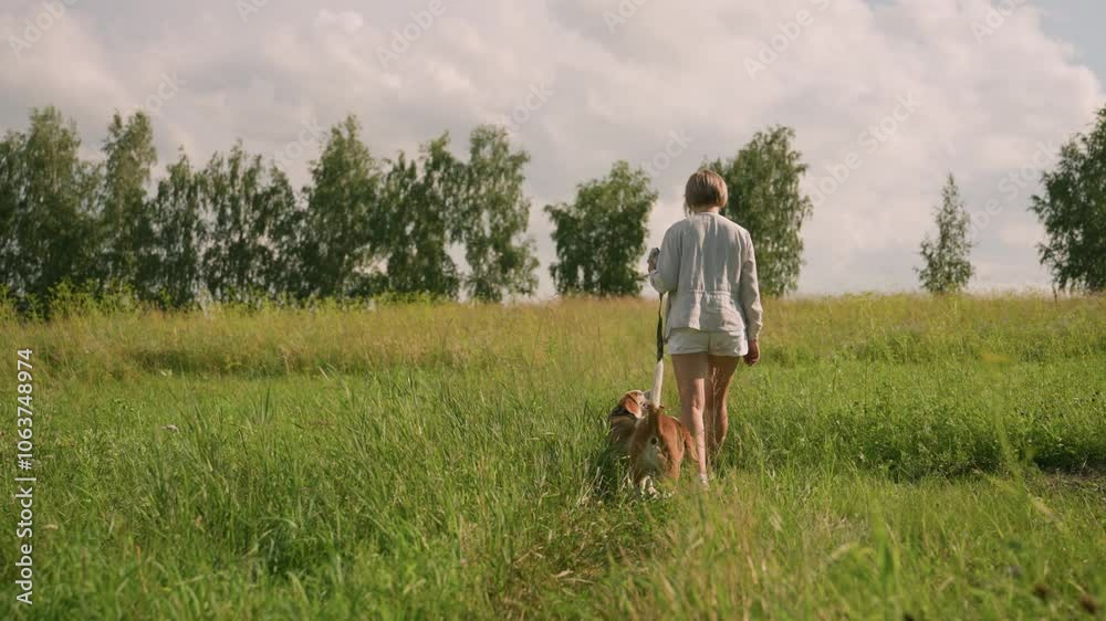 Dog owner walking with her dog on leash while second dog follows behind ...