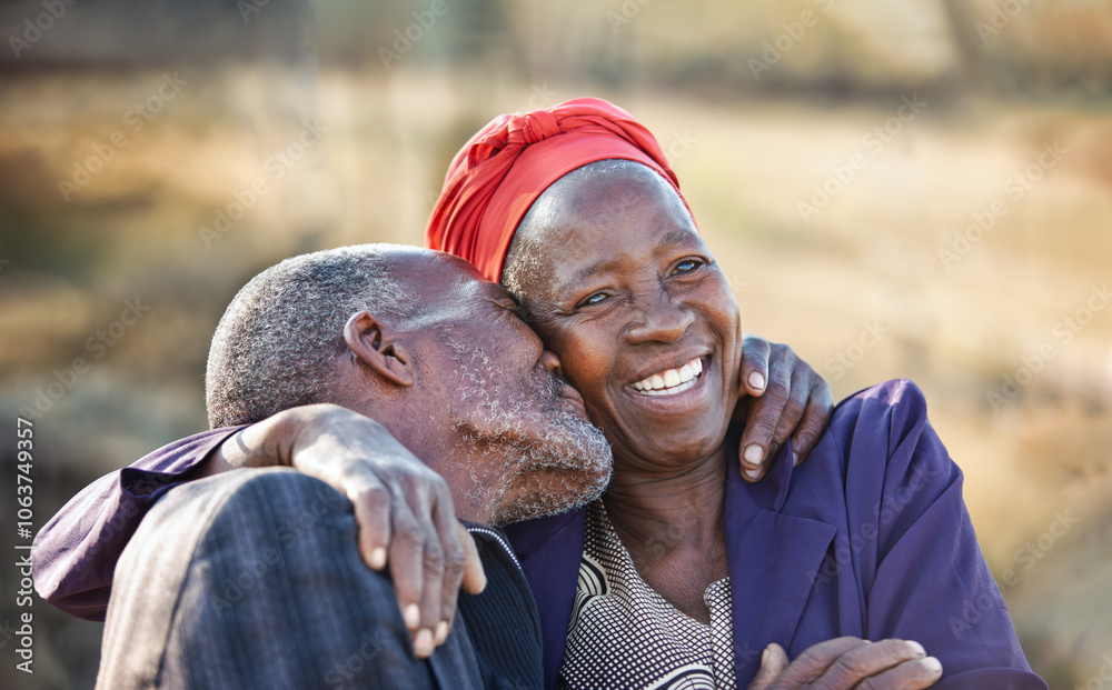 african village, kissing older african couple outdoors, embracing ...