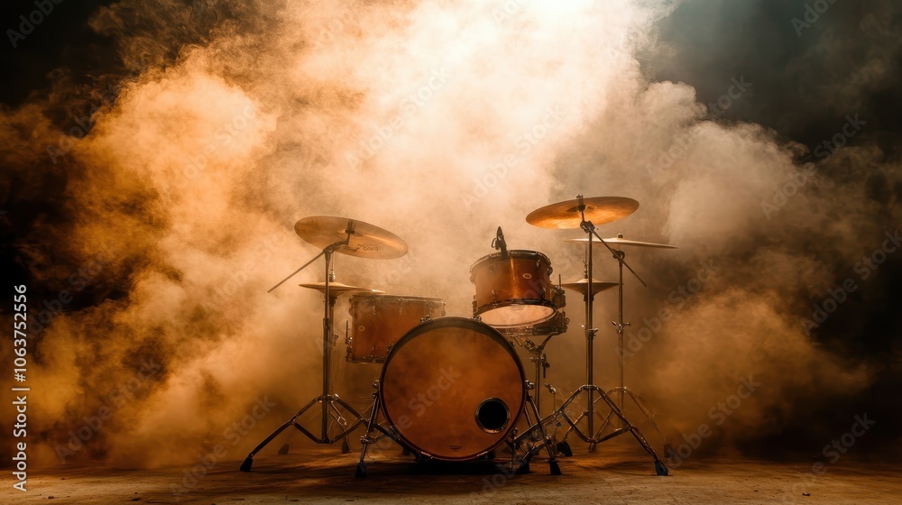 An echoing drum kit stands enveloped in a swirling cloud of orange ...