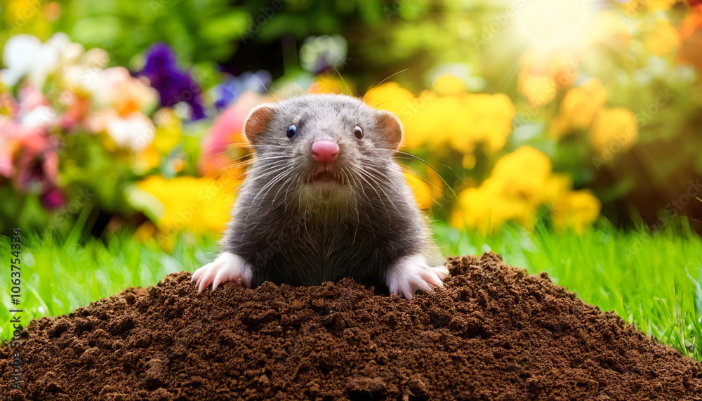 Cute mole emerging from the ground in a sunny garden surrounding ...