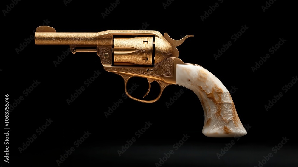 An exquisite golden revolver featuring white marble handles and ...