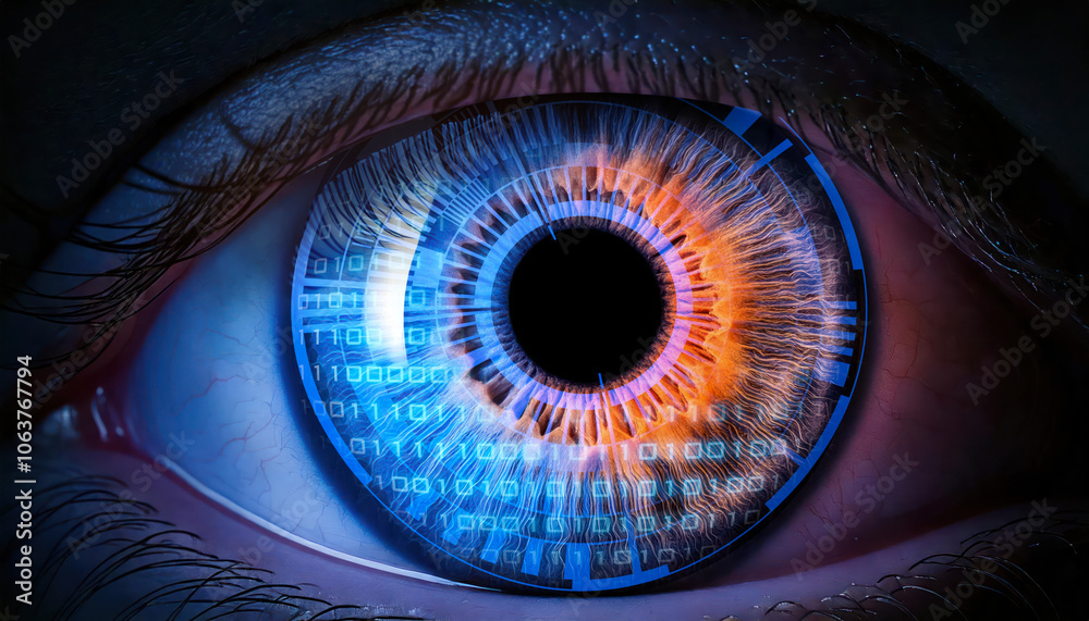 Close-up of a human eye with a futuristic, digital light overlay with ...