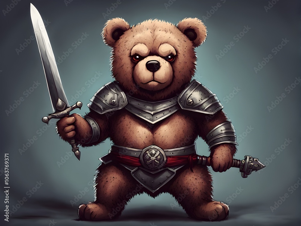 An evil warrior with a sword, carries a teddy bear on his shield ...