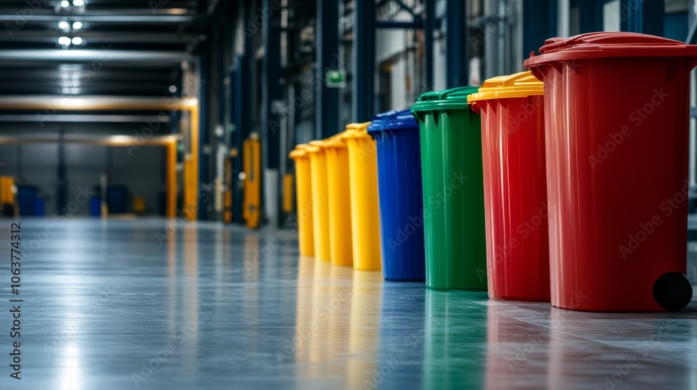 Valokuva Colorful waste segregation bins lined up in a modern factory ...