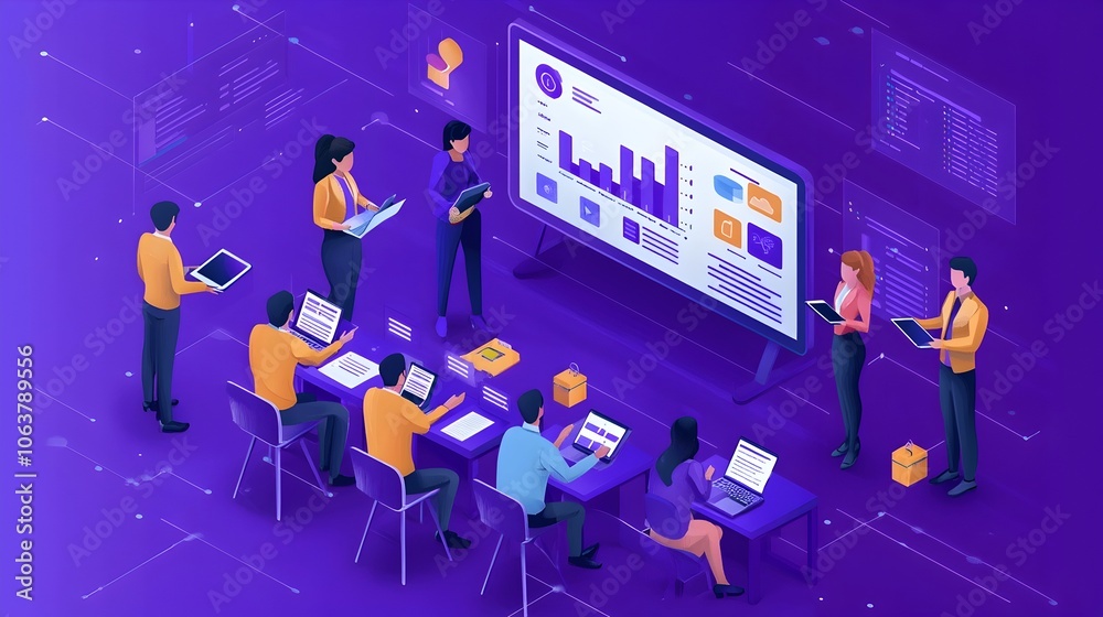 Engaged business team collaborating on a digital project together using ...