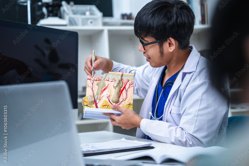 An expert dermatologist is using a skin model to explain or giving a ...