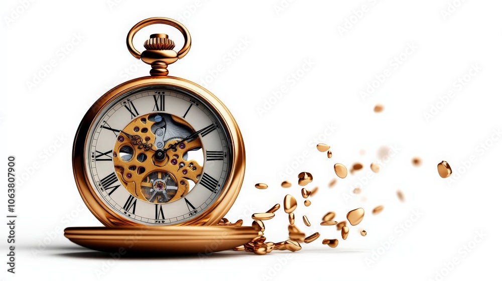 Time Unraveling: An antique pocket watch with intricate gears, its ...