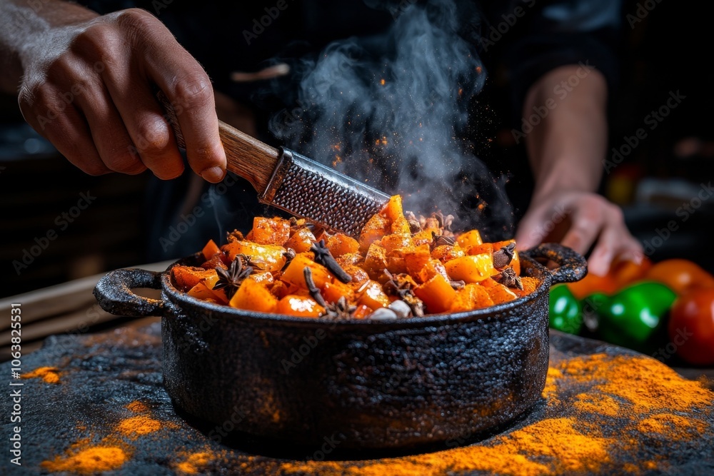 Medieval cook grating spices into a rustic pot, with shadows and dark ...