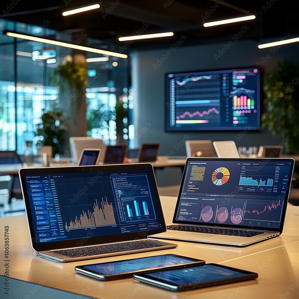 Advanced Technology-Driven Workspace with Real-Time Data Visualization and Interactive Business ...